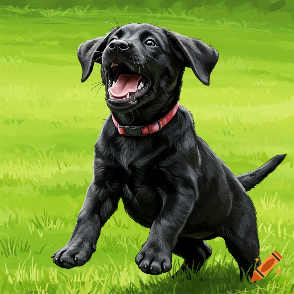 Digital illustration of a black Labrador puppy jumping in green grass ...