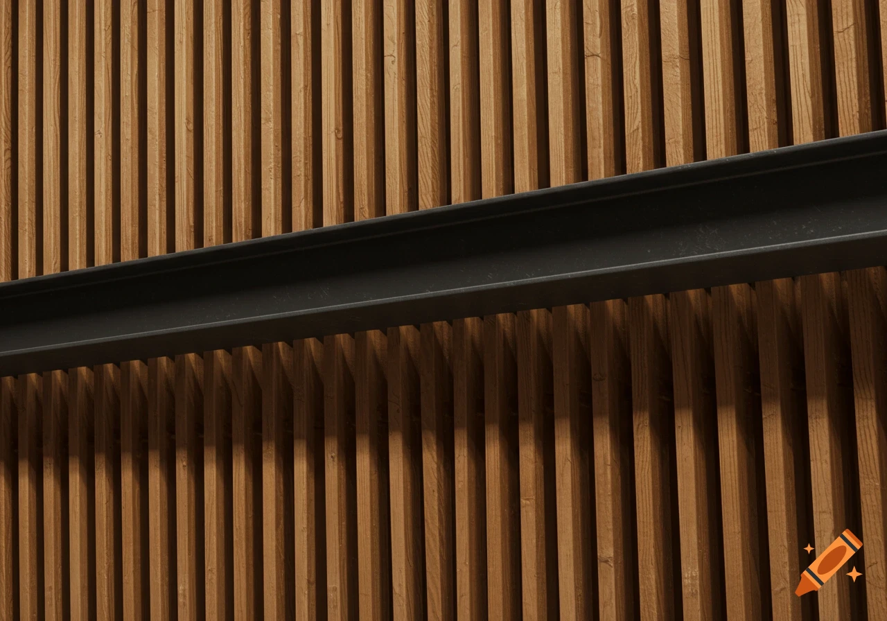 Close-up of a wall with vertical wood strips and a dark horizontal steel beam. on Craiyon