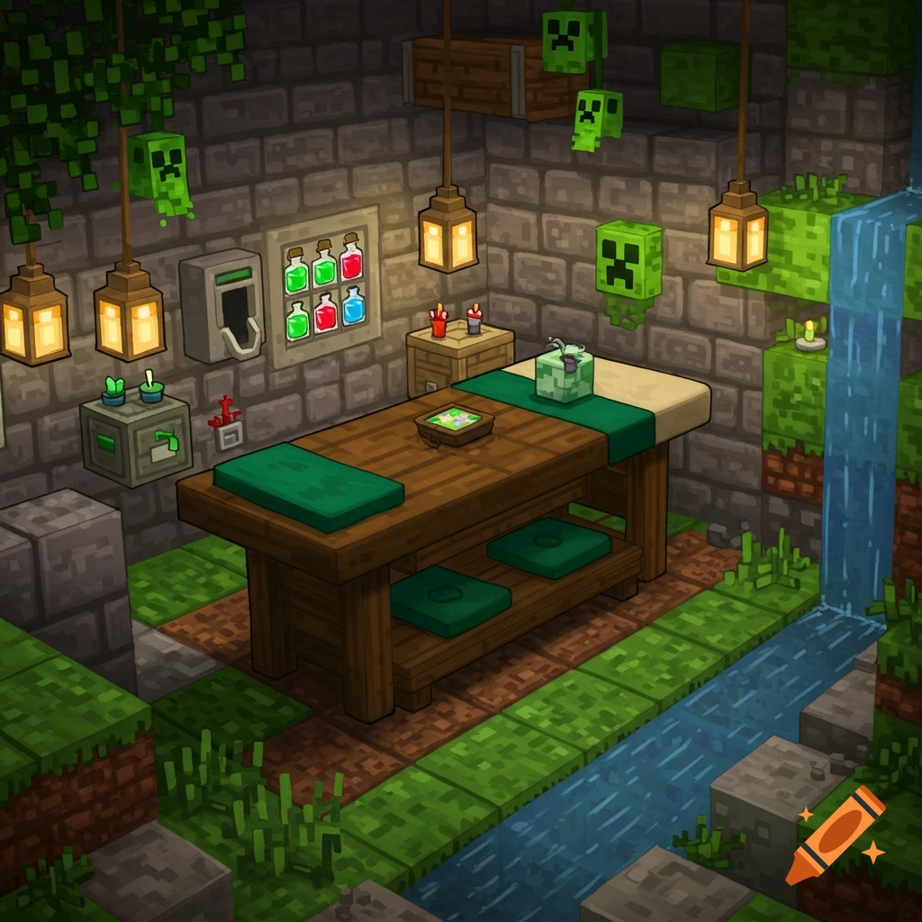 Minecraft themed spa room with a treatment table, potion bottles ...