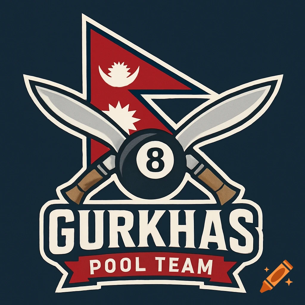Logo with crossed khukuri knives, an 8-ball, Nepali flag, and text ...