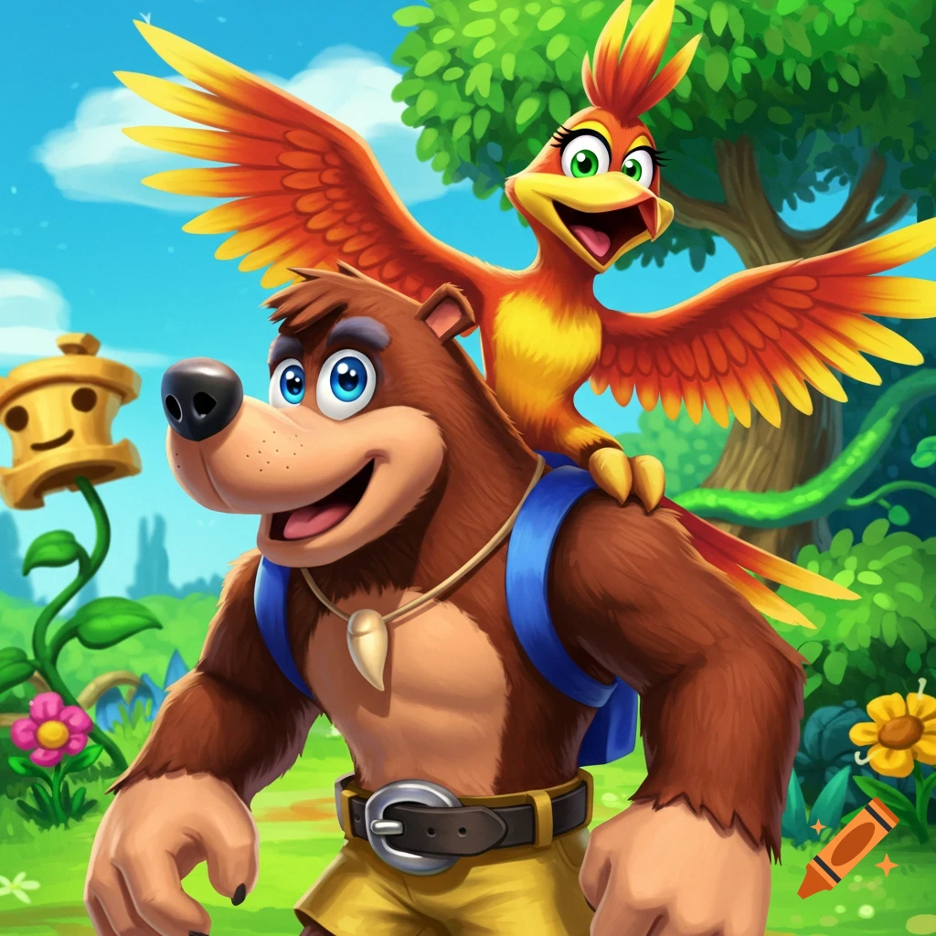 Cartoon bear Banjo carrying red bird Kazooie through a bright forest ...
