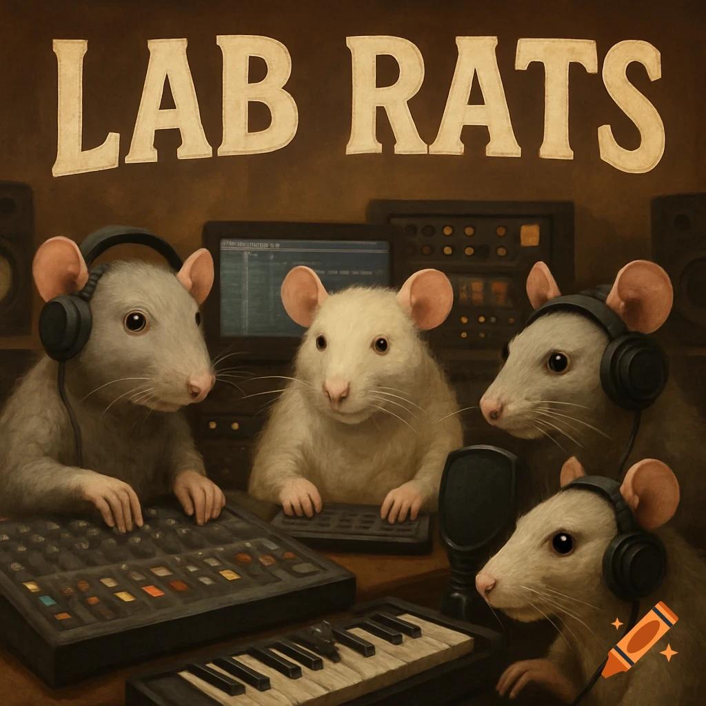 Four lab rats in a music studio with 'LAB RATS' text above. on Craiyon