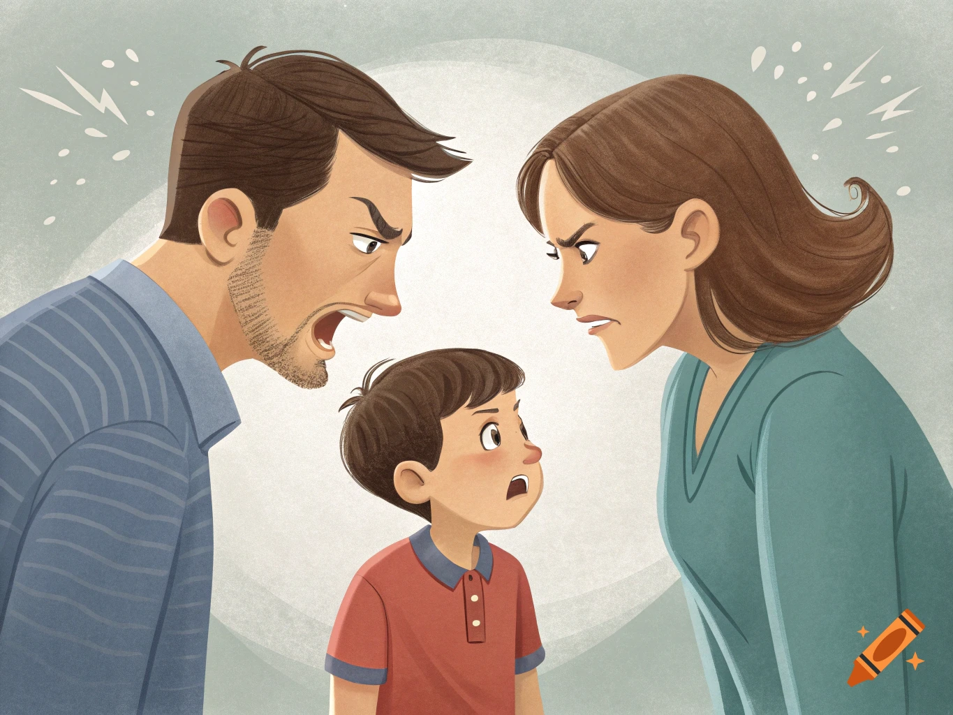 Illustration of a boy watching his parents argue angrily. on Craiyon