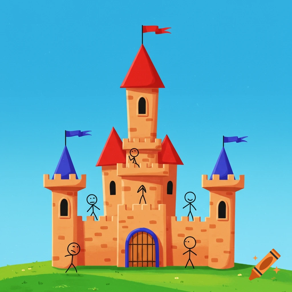 A cartoon castle with red and blue flags, surrounded by small stick ...