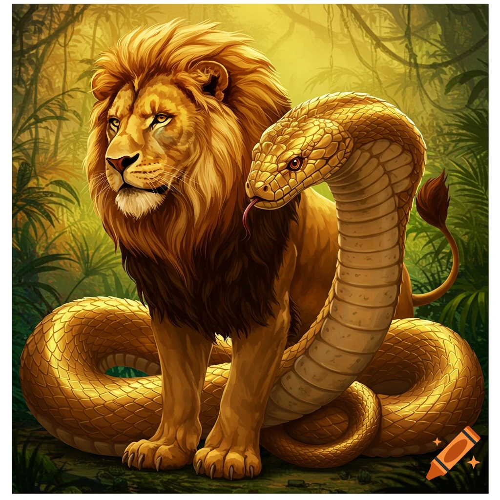 A lion with a golden snake wrapped around its body stands in a jungle ...