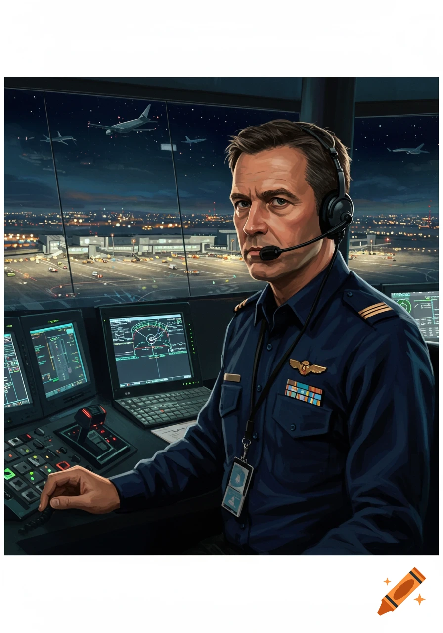 Man in uniform wearing headset works in an airport control tower at ...