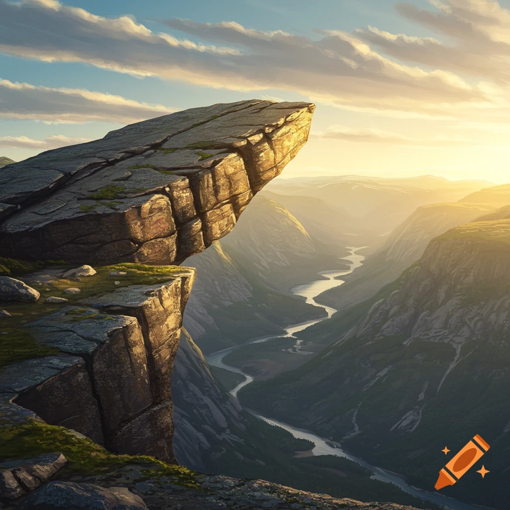 A large rock formation juts out over a river valley at sunset in a ...