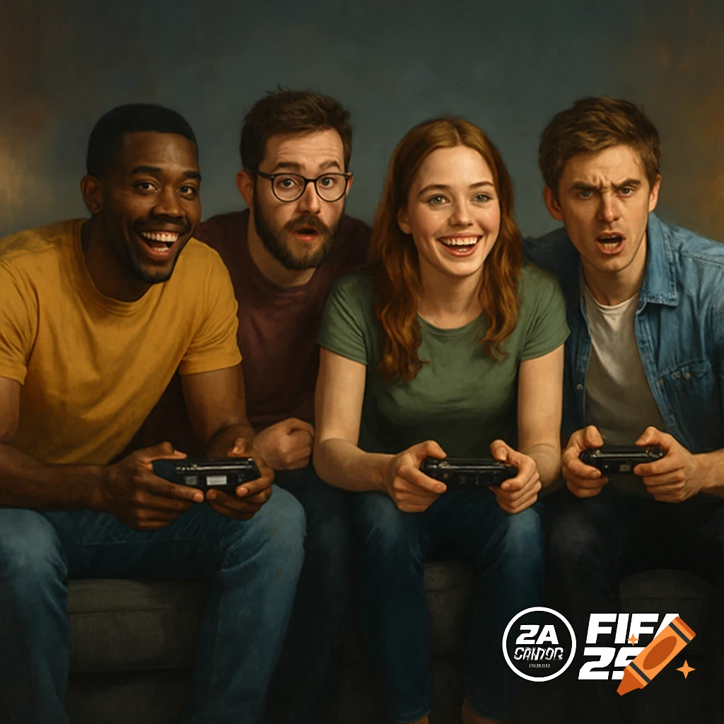 Diverse friends playing FIFA video game on a sofa with controllers ...