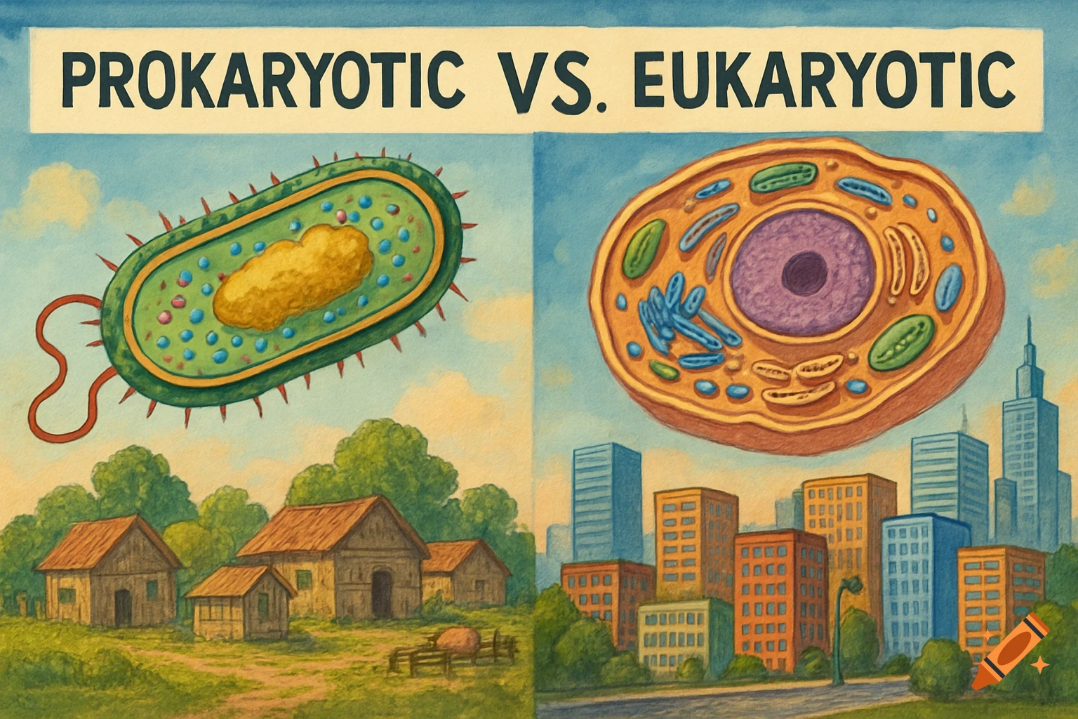 Watercolor illustration comparing a prokaryotic cell over a rural ...