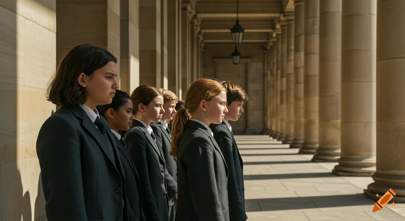 Students in school uniforms stand in a line outside a building with a ...
