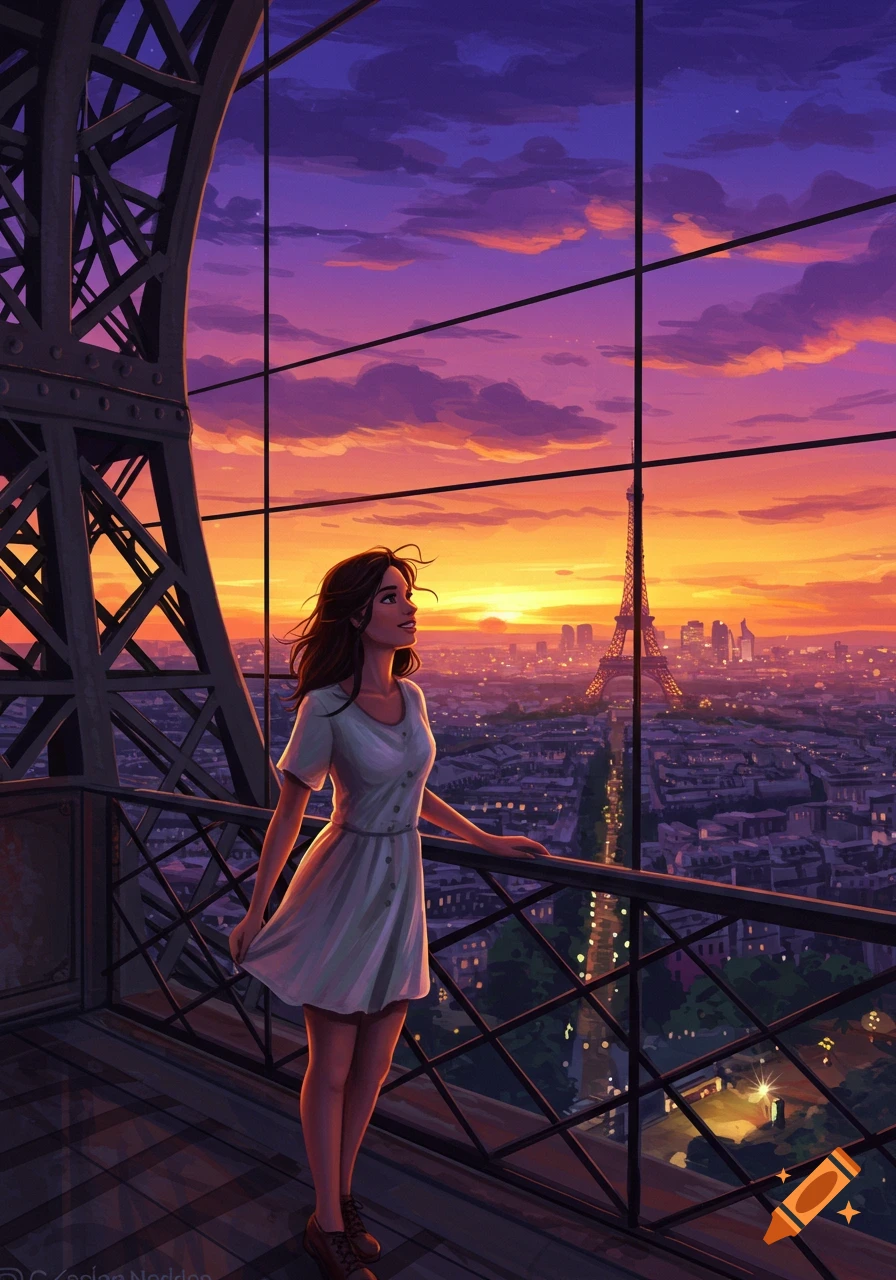 Illustration of a woman on the Eiffel Tower looking at a colorful ...
