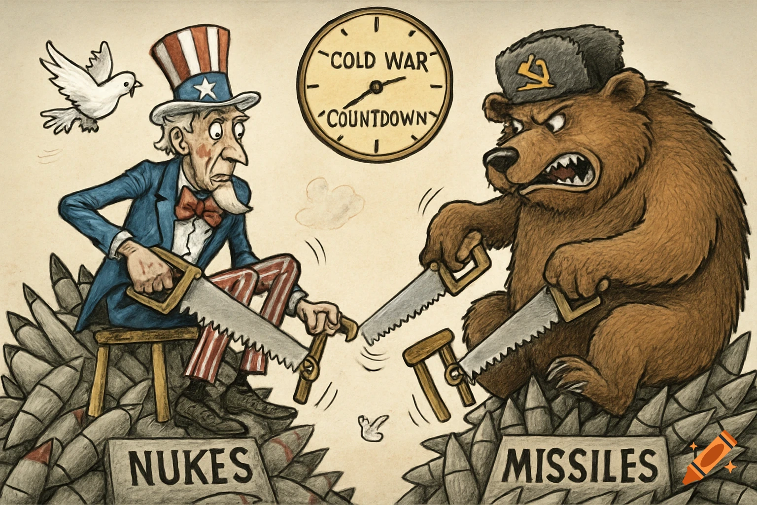 Political cartoon of Uncle Sam and a bear sawing their chairs on piles ...