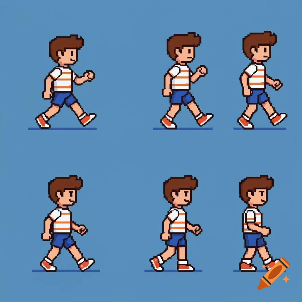 Six pixel art sprites of a boy walking right. on Craiyon