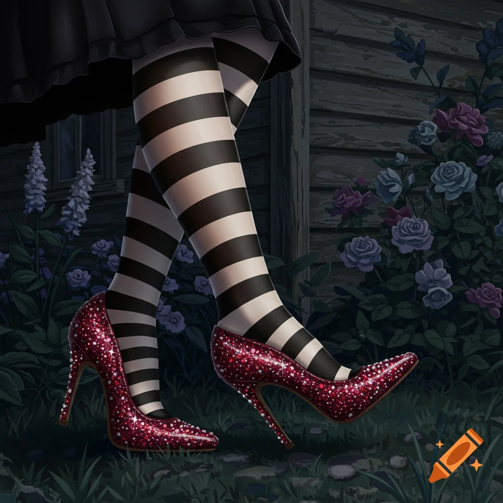 Legs in black and white striped stockings and red sparkly high heels ...
