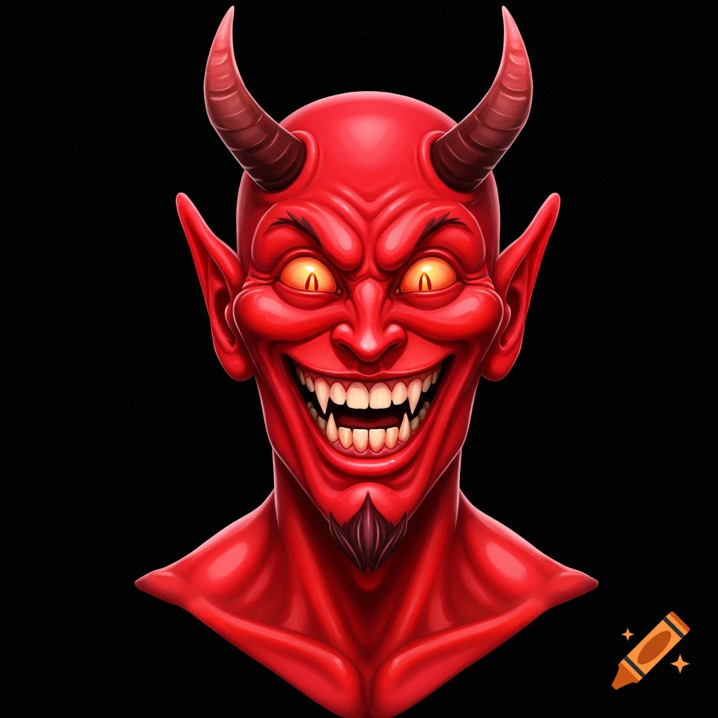 A cartoonish red devil with horns and sharp teeth grins maniacally. on ...