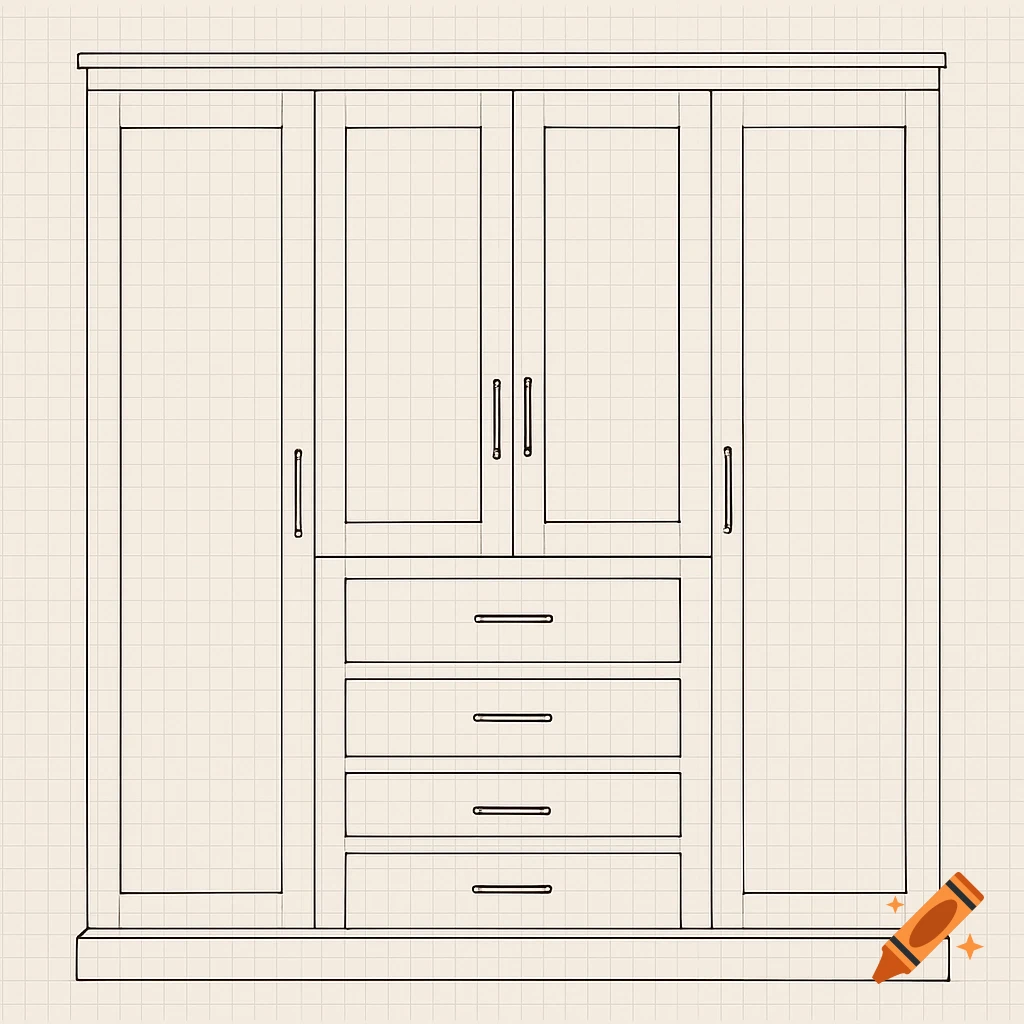 Architectural line drawing of a wardrobe with five doors and four ...