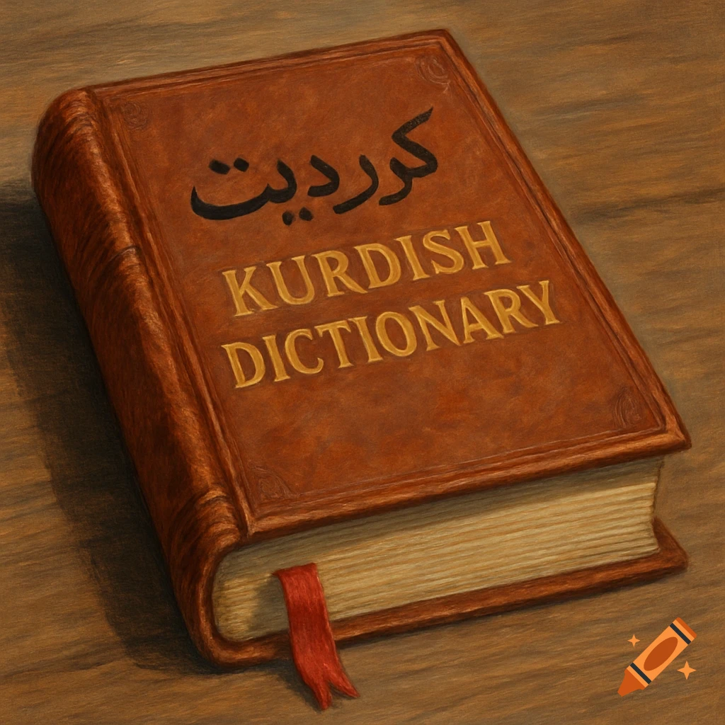 A brown leather-bound book titled 'Kurdish Dictionary' on a wood surface, illustrated. on Craiyon