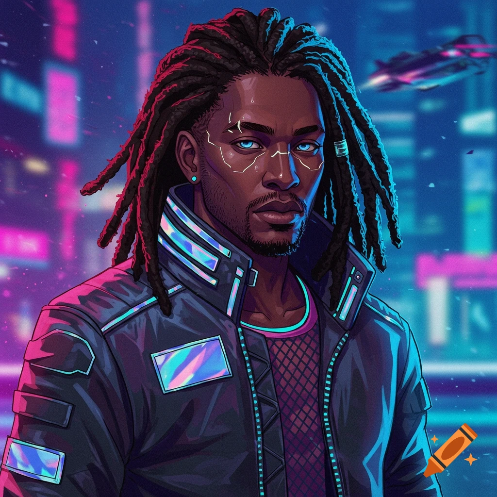 Cyberpunk animated portrait of a black man with dreadlocks and glowing ...