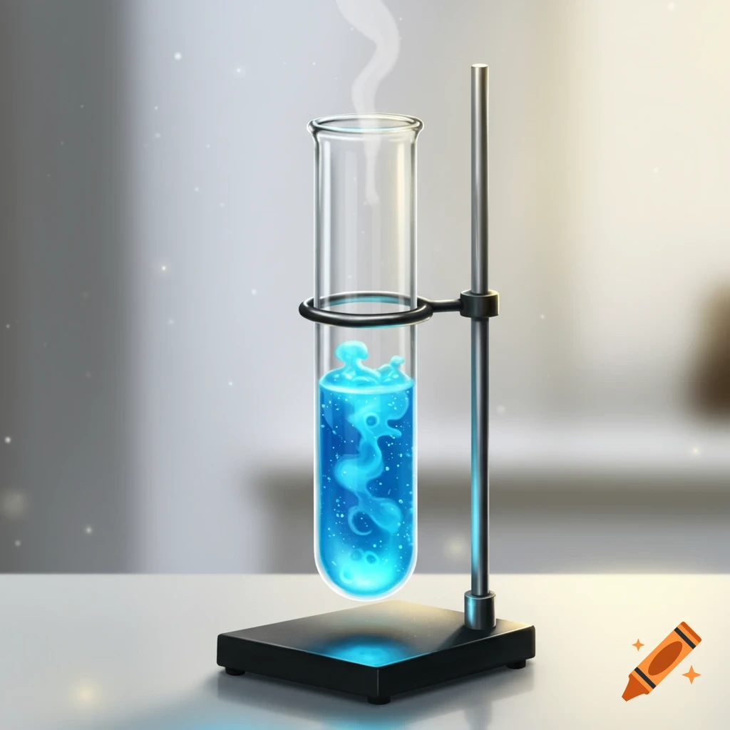 A test tube with glowing blue liquid and steam, held by a metal stand ...