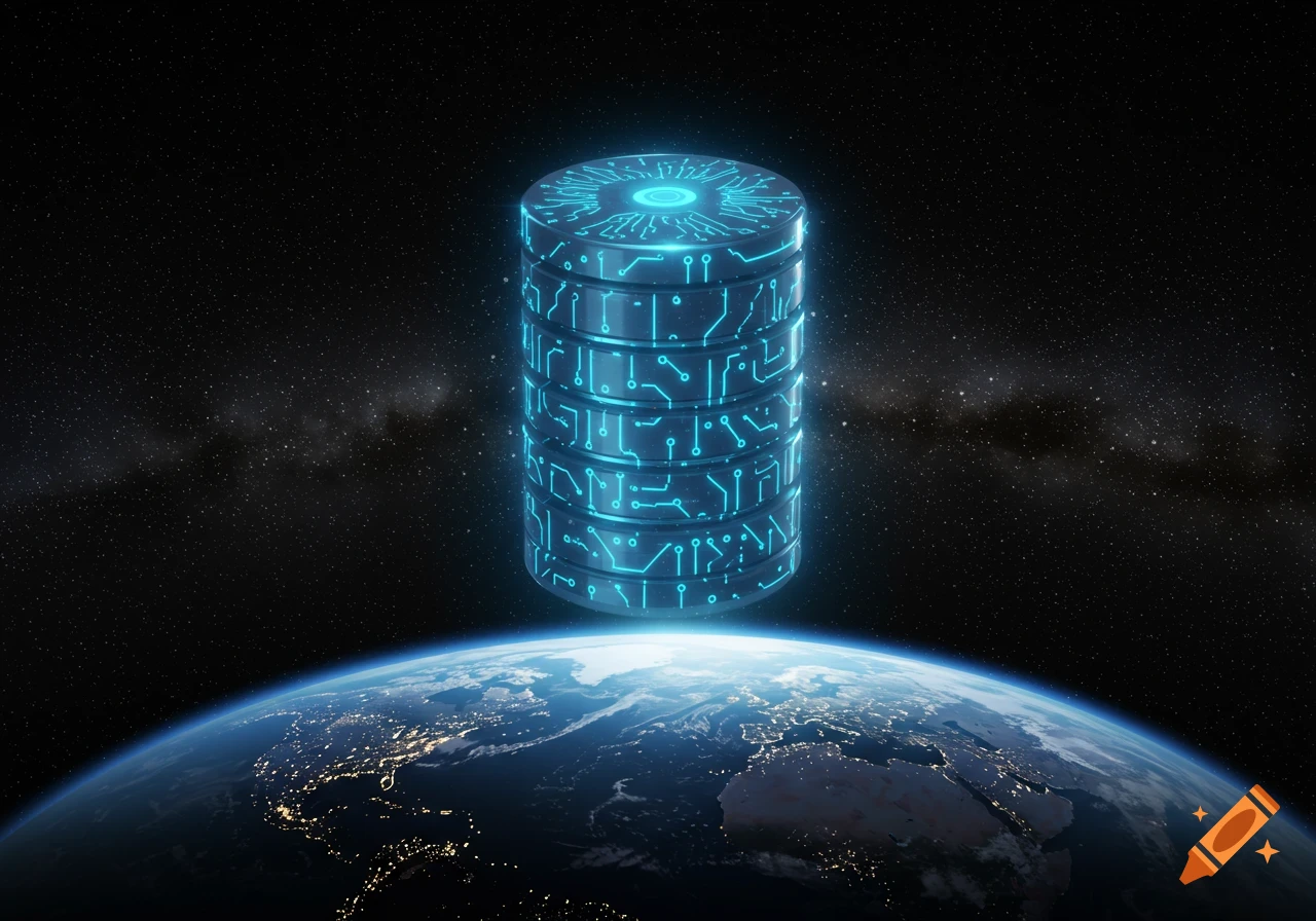 A glowing cylindrical database with blue circuit patterns floats above ...