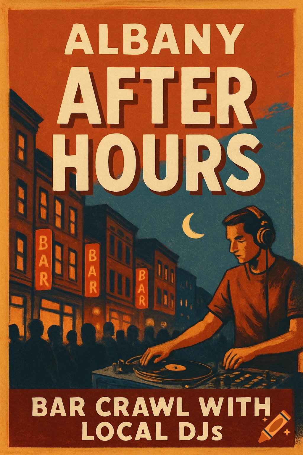 Vintage style poster for Albany After Hours bar crawl with local DJs ...