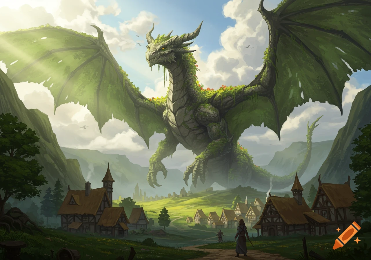 A large stone dragon covered in moss and flowers flies over a fantasy ...