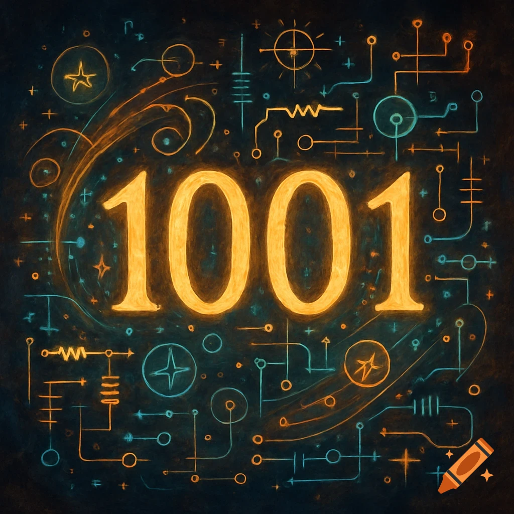 The number 1001 surrounded by glowing electronic circuit symbols and ...