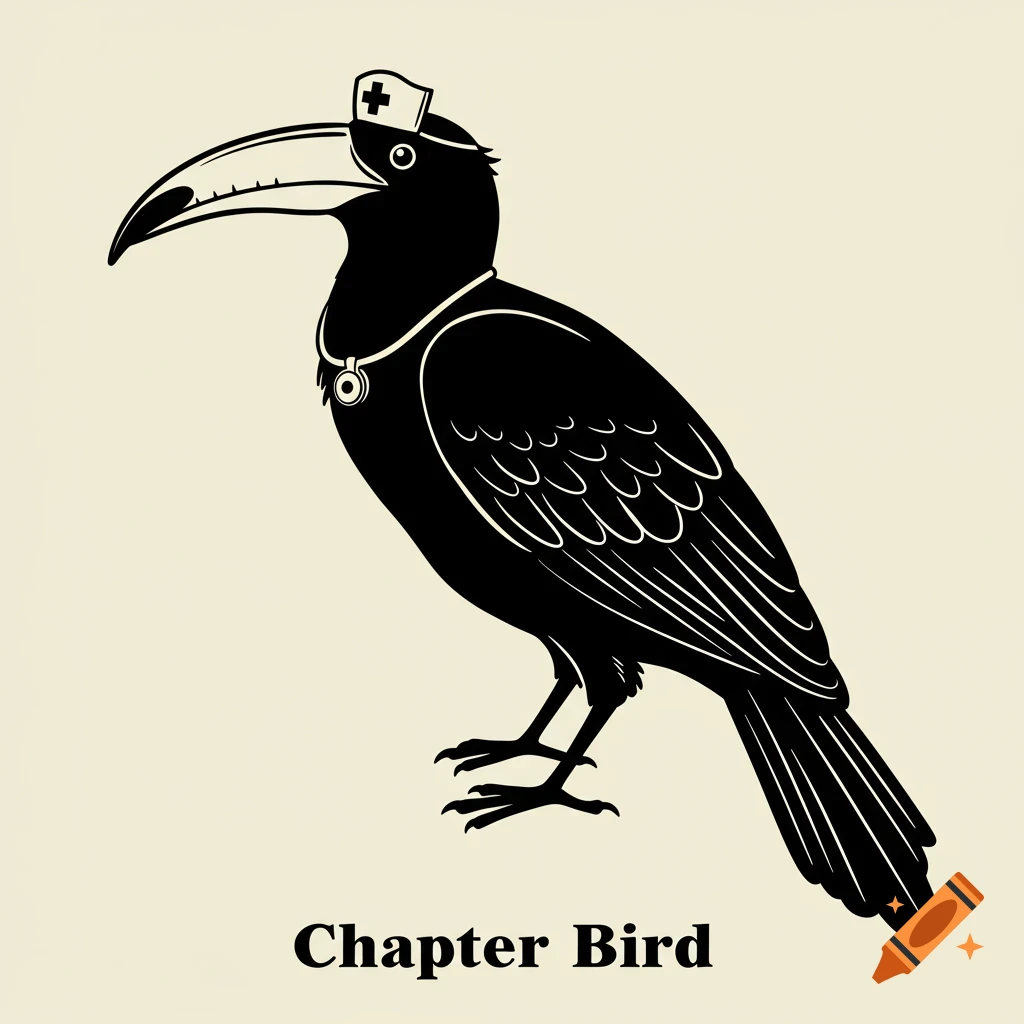 Black and white illustration of a bird wearing a nurse cap and ...