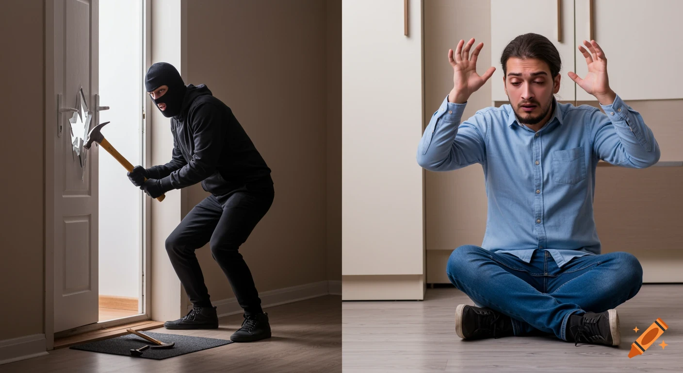 Split image showing a masked thief breaking a door with a hammer on the ...