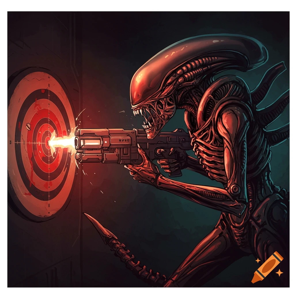 Stylized illustration of a Xenomorph alien shooting a target with a ...