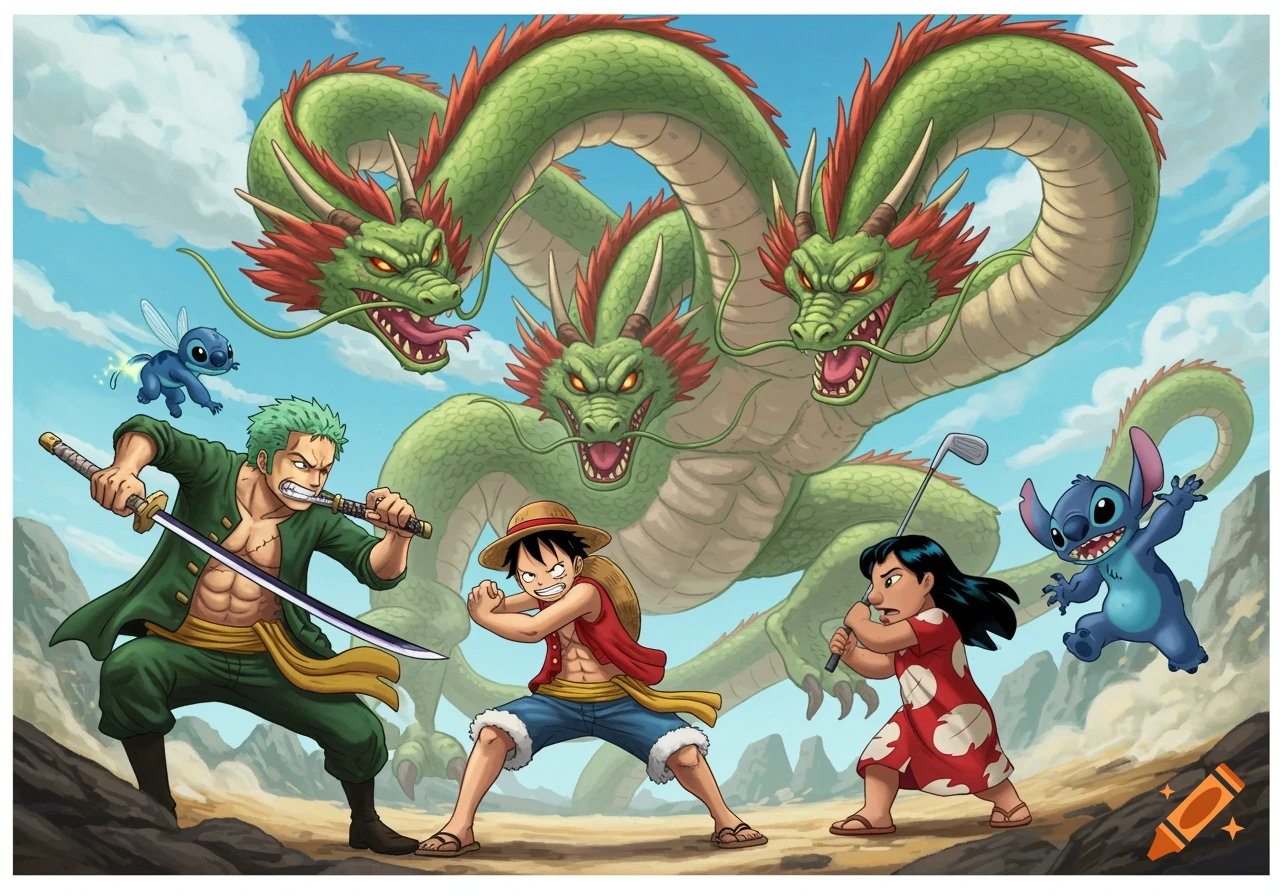 Anime style illustration of One Piece characters Zoro and Luffy, Lilo ...