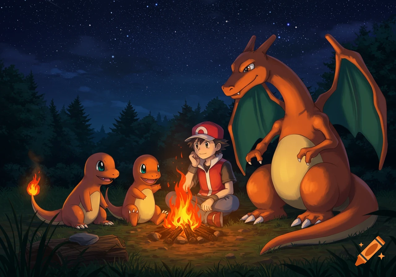 Pokemon trainer Red and three Charmanders with Charizard sit around a ...