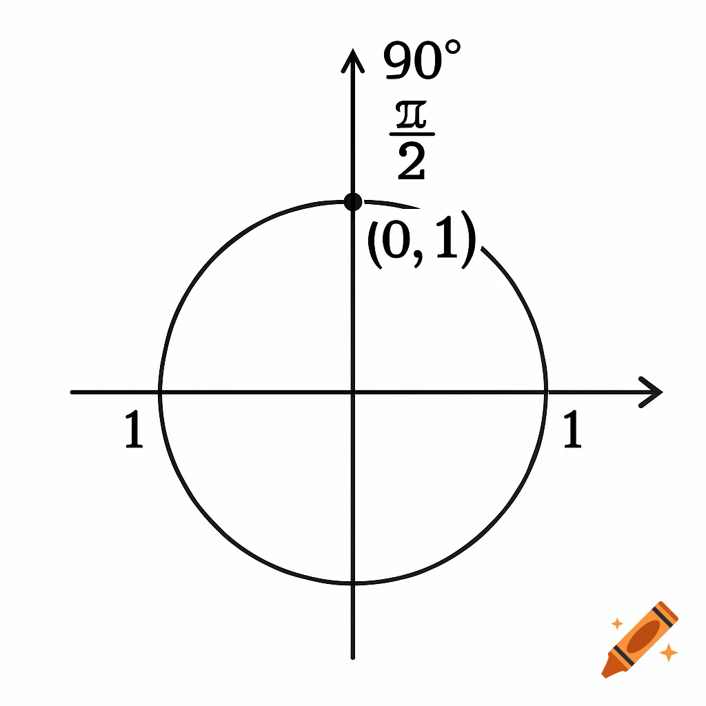 A unit circle diagram showing the point (0, 1) at the angle 90 degrees ...