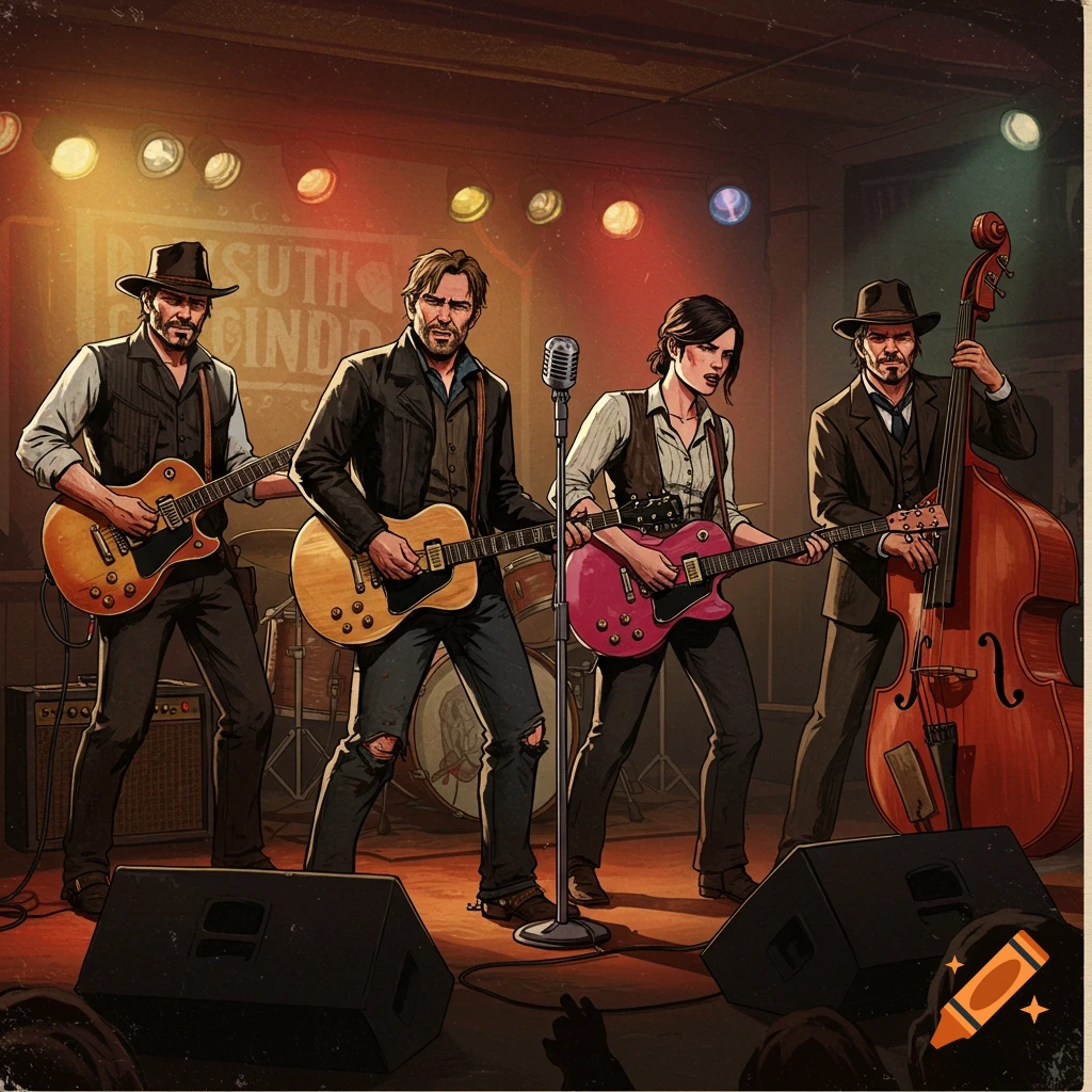 Stylized illustration of a four-person band playing on stage under ...