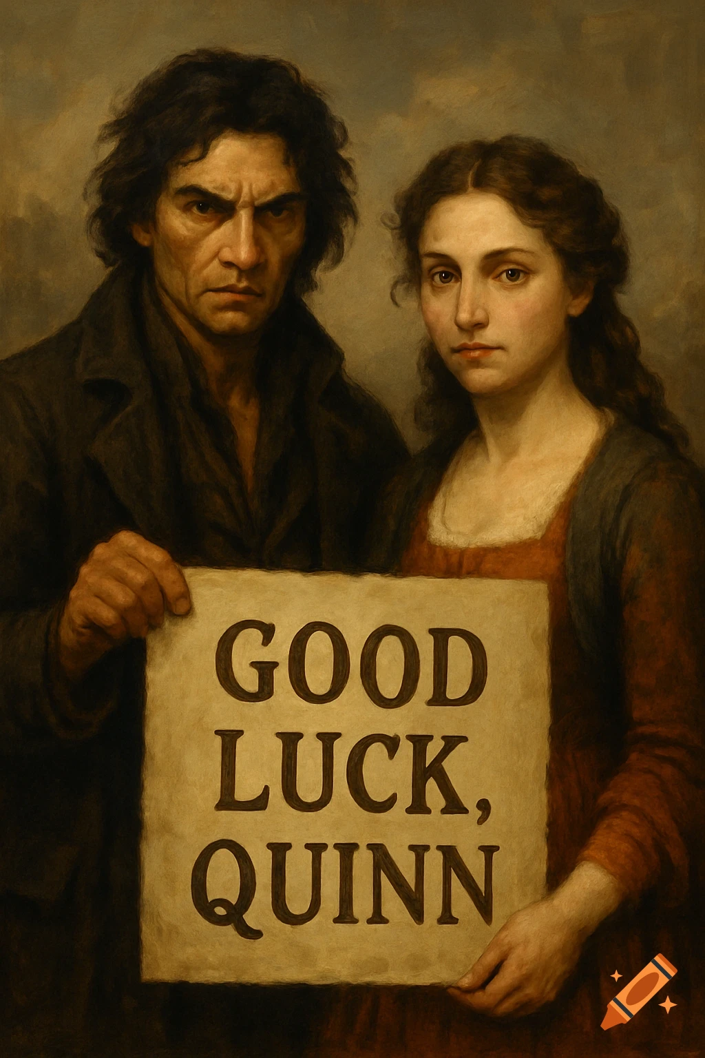 Classical painting of a man and woman holding a sign that reads GOOD ...