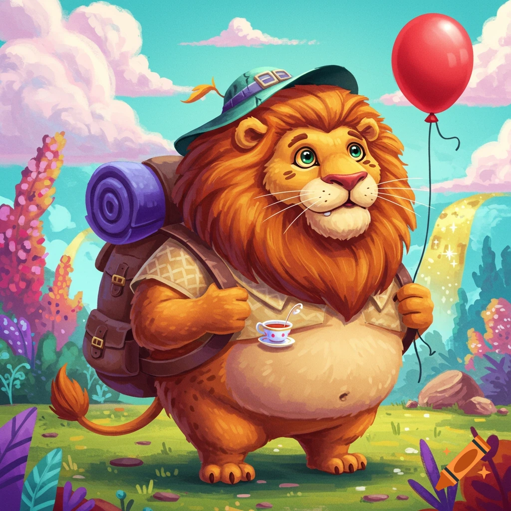A cartoon lion wearing a hat and backpack holds a red balloon in a ...