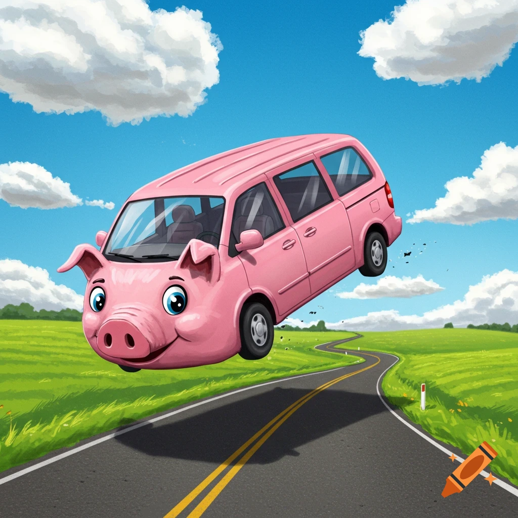 Cartoon illustration of a pink pig-faced minivan flying above a winding ...