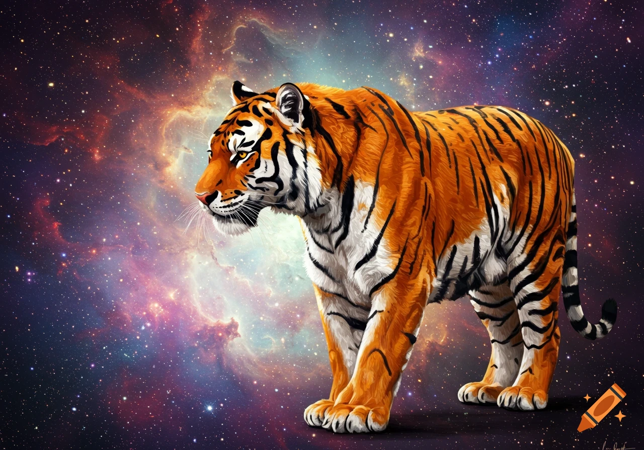 A majestic tiger stands in a vibrant, colorful nebula filled with stars ...