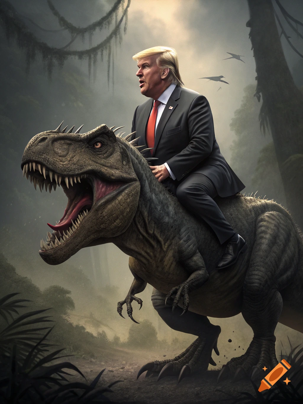 Donald Trump rides a Tyrannosaurus Rex through a dense jungle. on Craiyon
