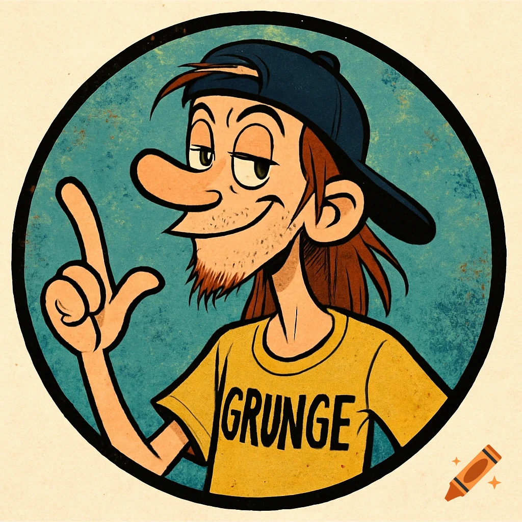 Cartoon portrait of a grunge man wearing a backwards baseball cap and a ...