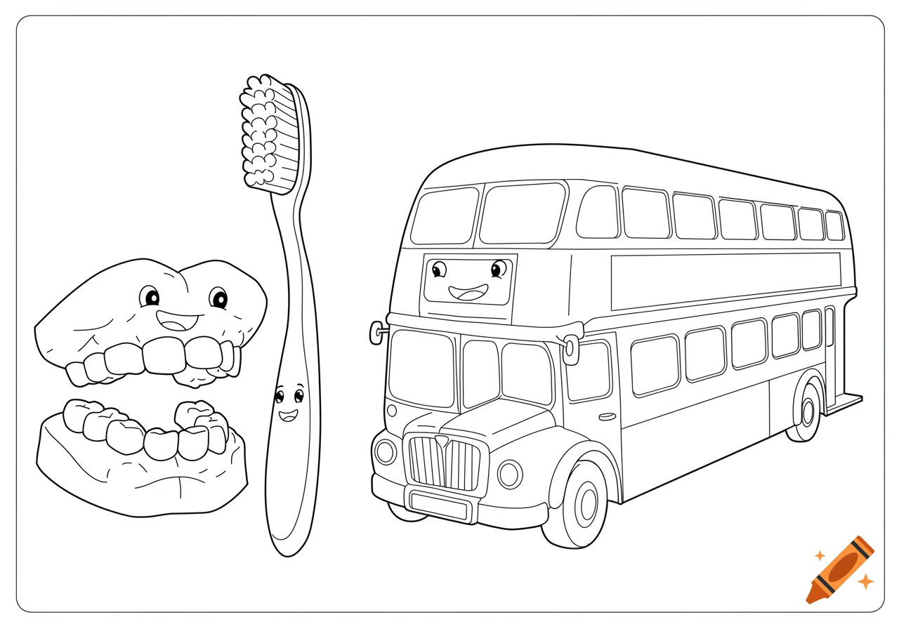 Line drawing of cartoon teeth, a toothbrush, and a London double-decker ...