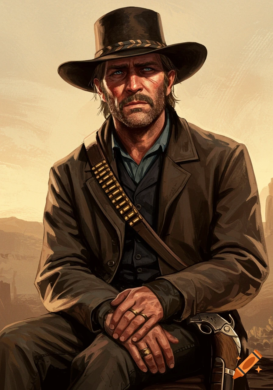 Portrait of a rugged man in a cowboy hat and duster coat sitting in a ...