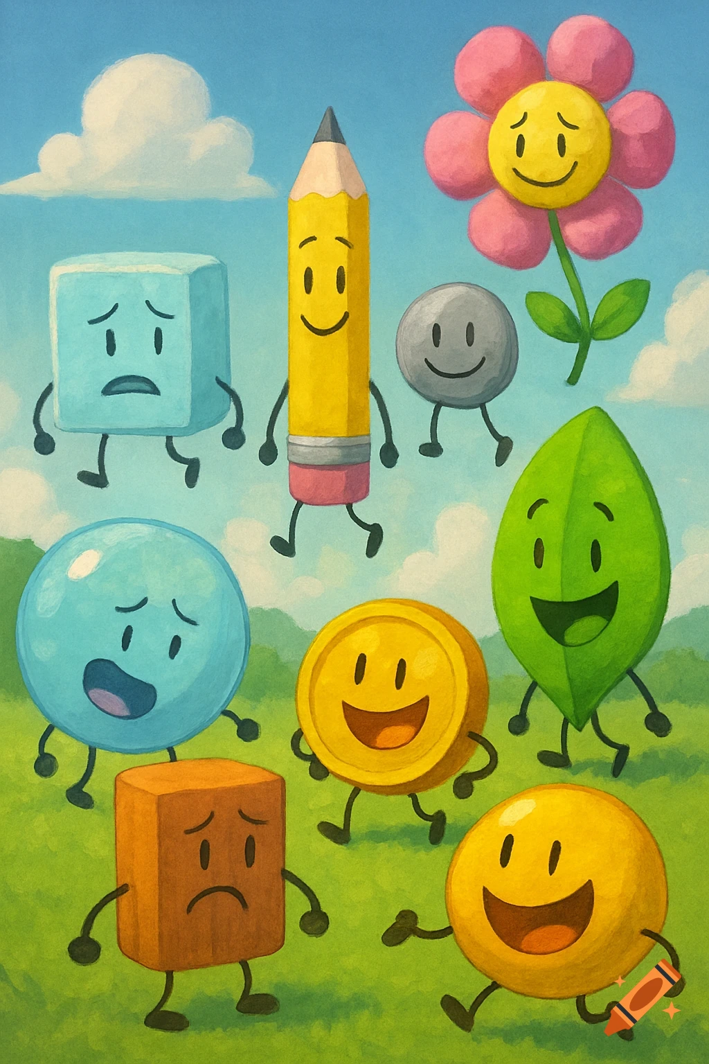 Cartoon-style objects with faces and limbs, including a cube, pencil ...