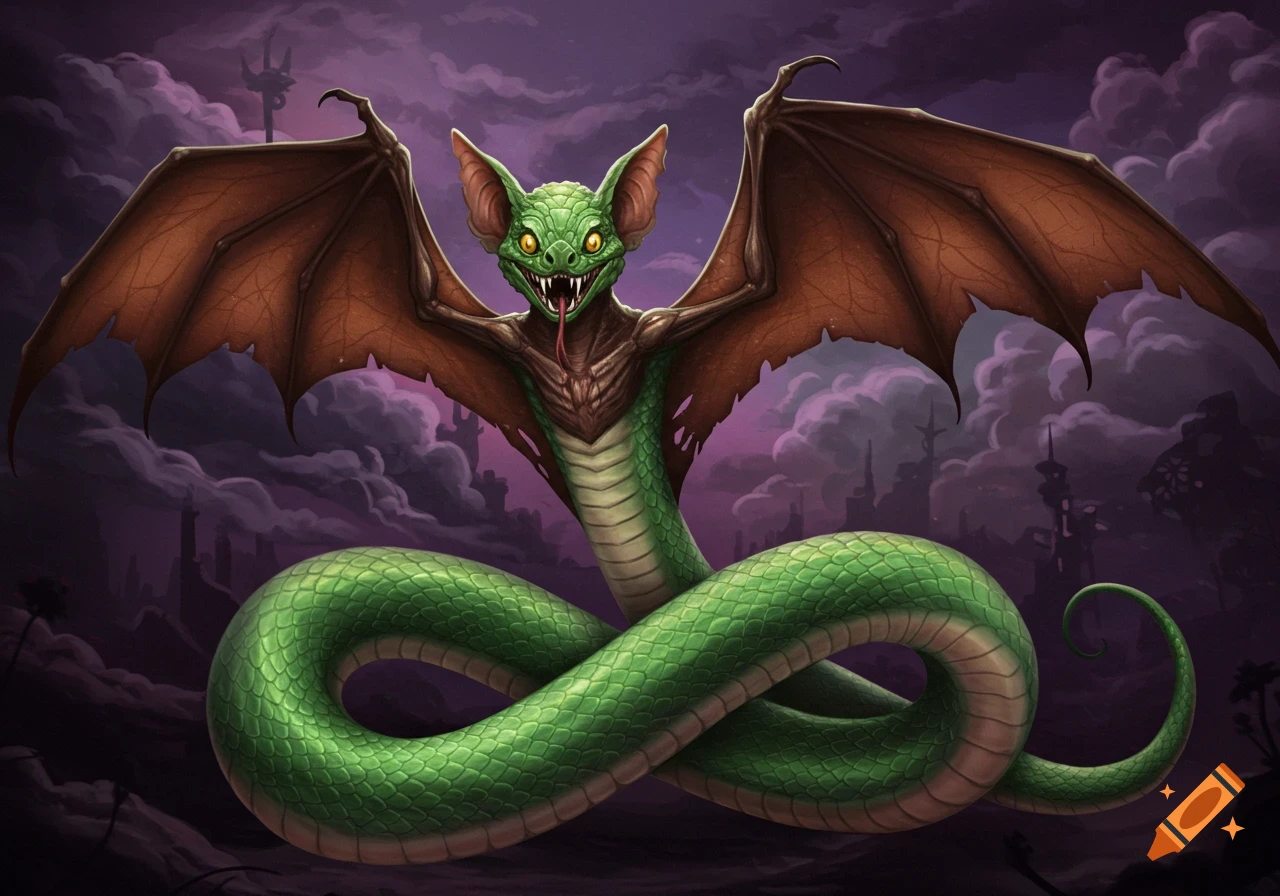 A fantasy creature that is a mix of a snake and a bat, standing in a ...