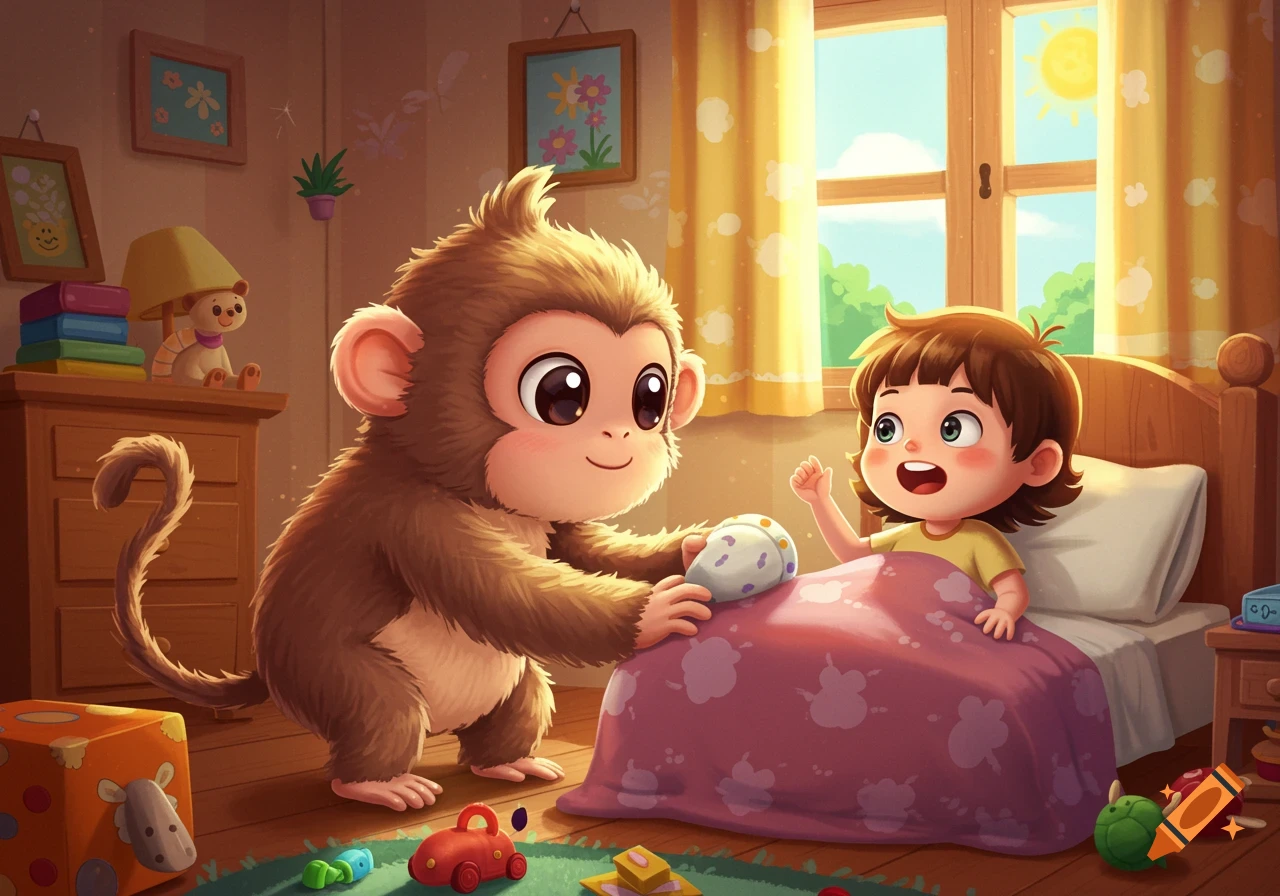 Cartoon illustration of a large monkey waking a child in bed in a sunny ...