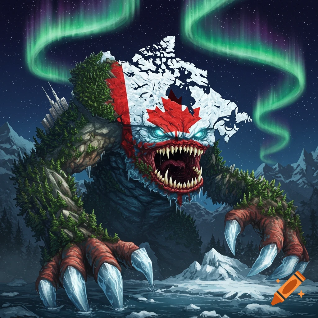 Monster shaped like map of Canada with trees, ice, glowing eyes, sharp teeth, in snowy landscape ...