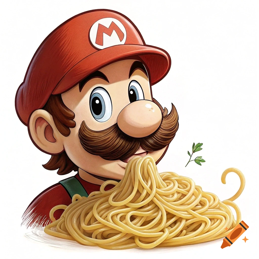Cartoon illustration of Mario with a mustache made of spaghetti. on Craiyon