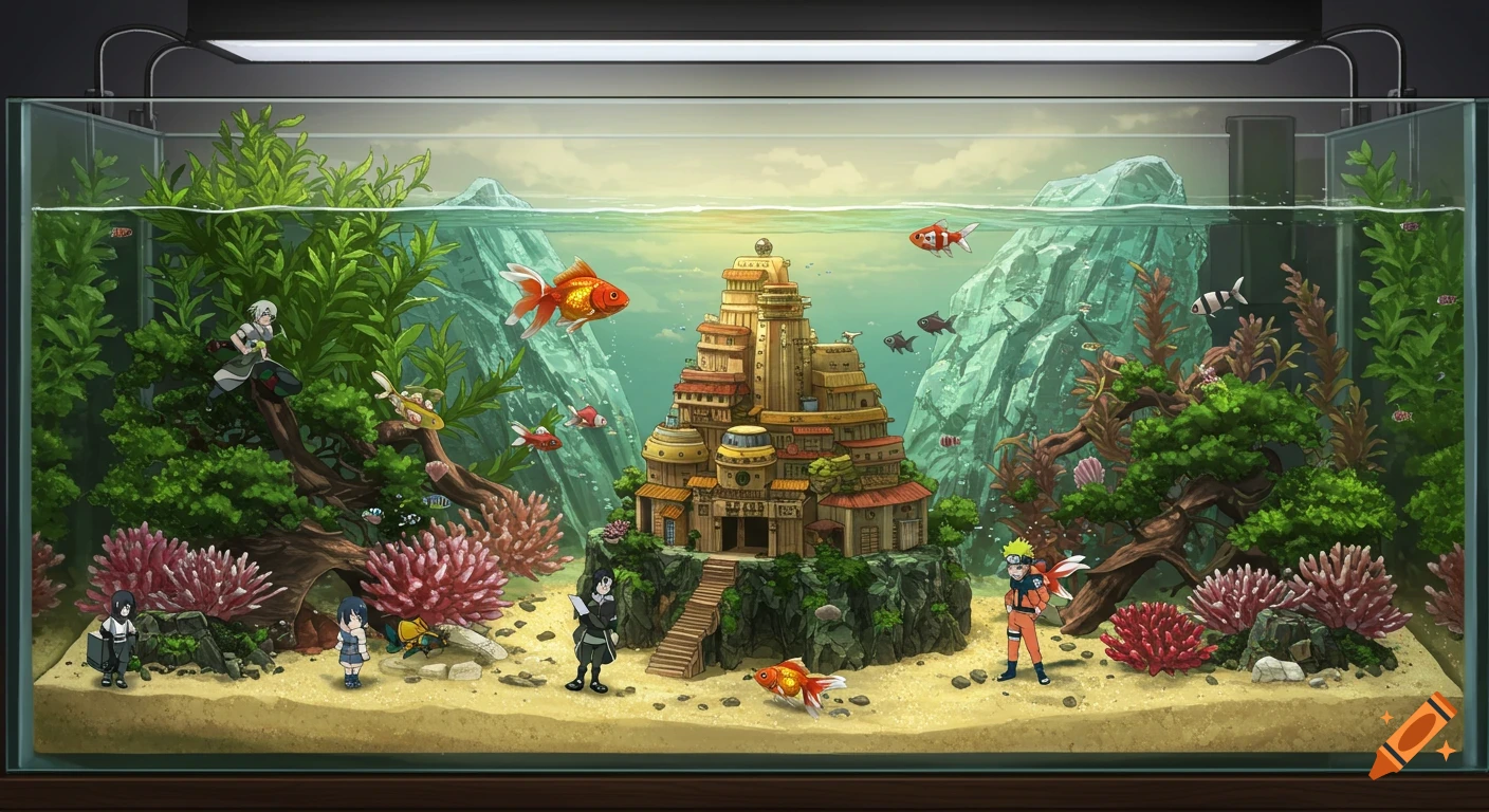 Anime style fish tank with Naruto characters and the Hidden Leaf ...
