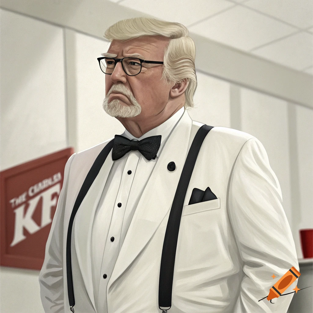Illustration of Donald Trump styled as Colonel Sanders in a white suit ...