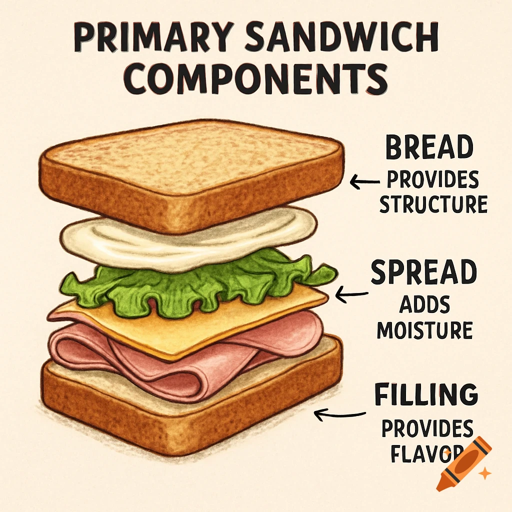 Illustration of a sandwich diagram showing bread, spread, and filling components with labels ...